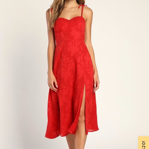 Lulus Dresses Loveliest Looks Red Floral Jacquard Tiestrap Midi